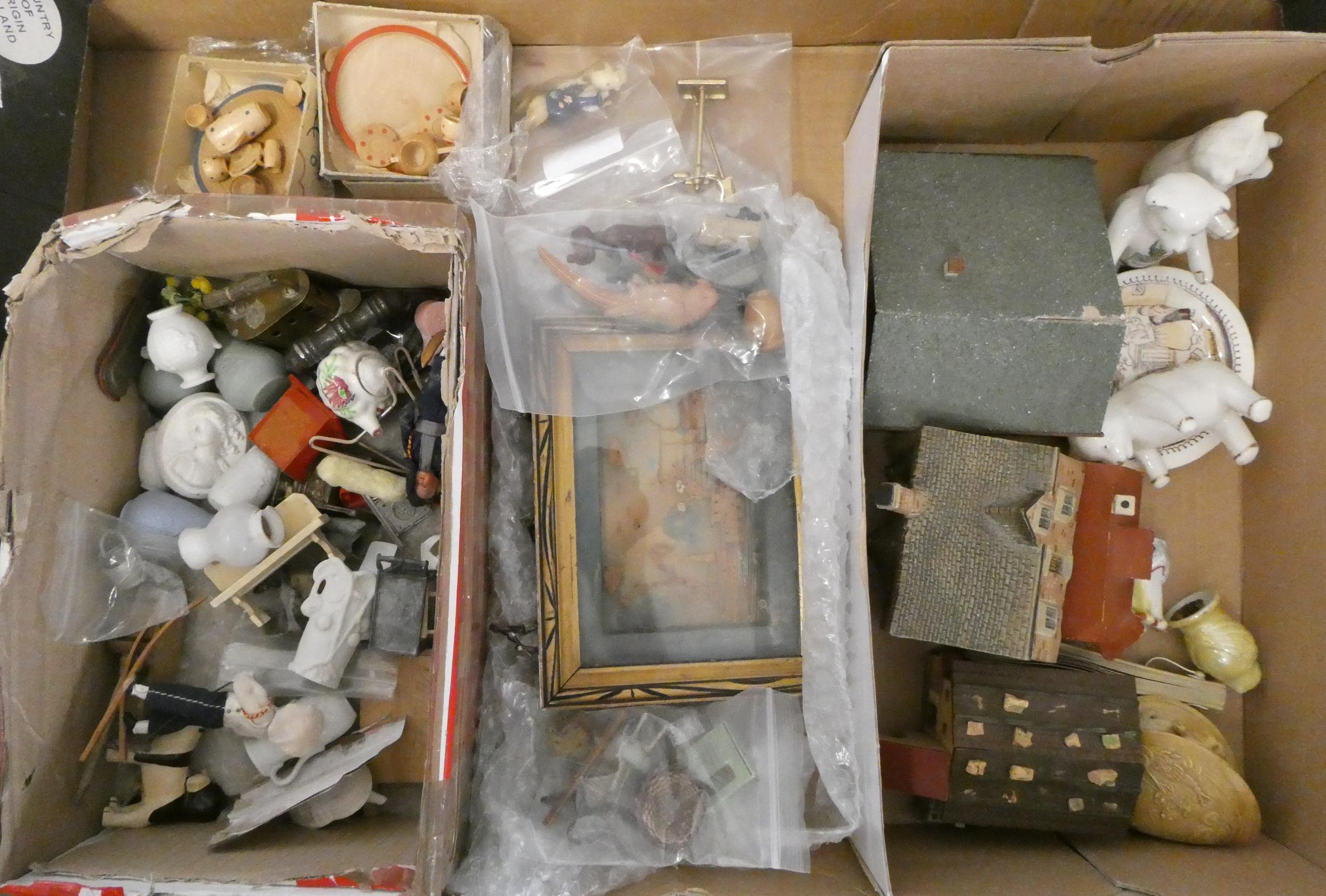 A box of doll's house accessories & furniture, including wood ceramic ...