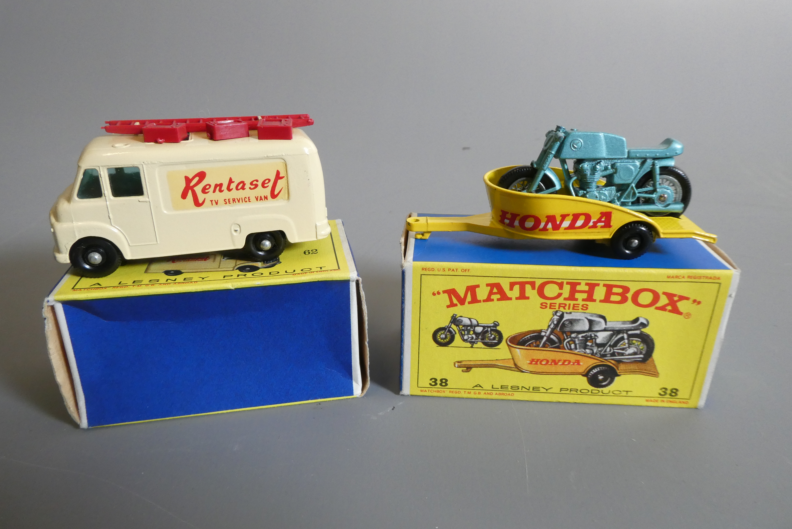 Matchbox no38 honda and trailer and 62 tv service van, both items boxed ...
