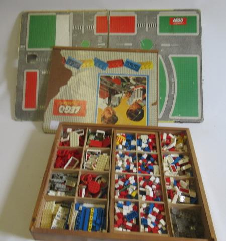 Large early lego set in compartmental wooden box, well used, box lid ...