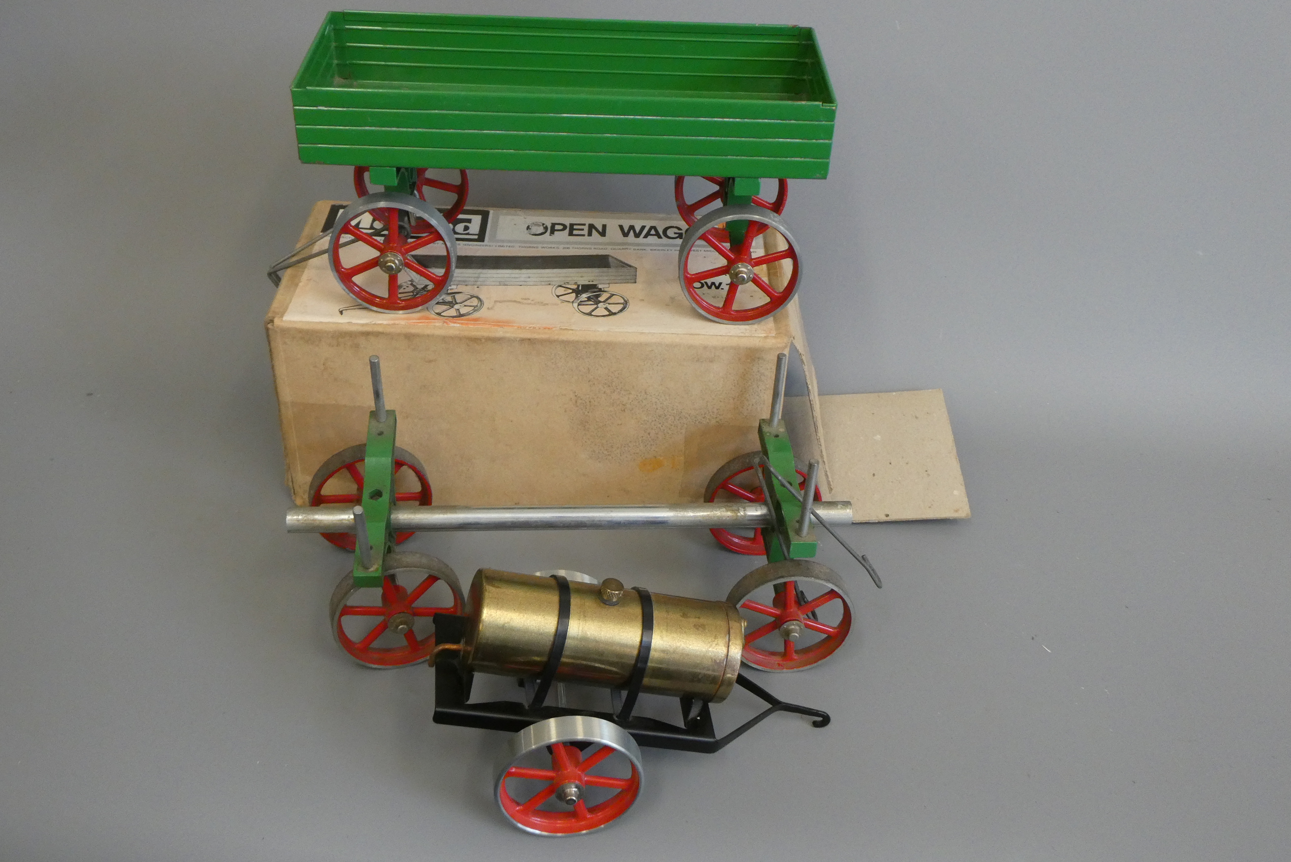 Mamod trailers comprising open wagon, log wagon and water wagon, f-g ...