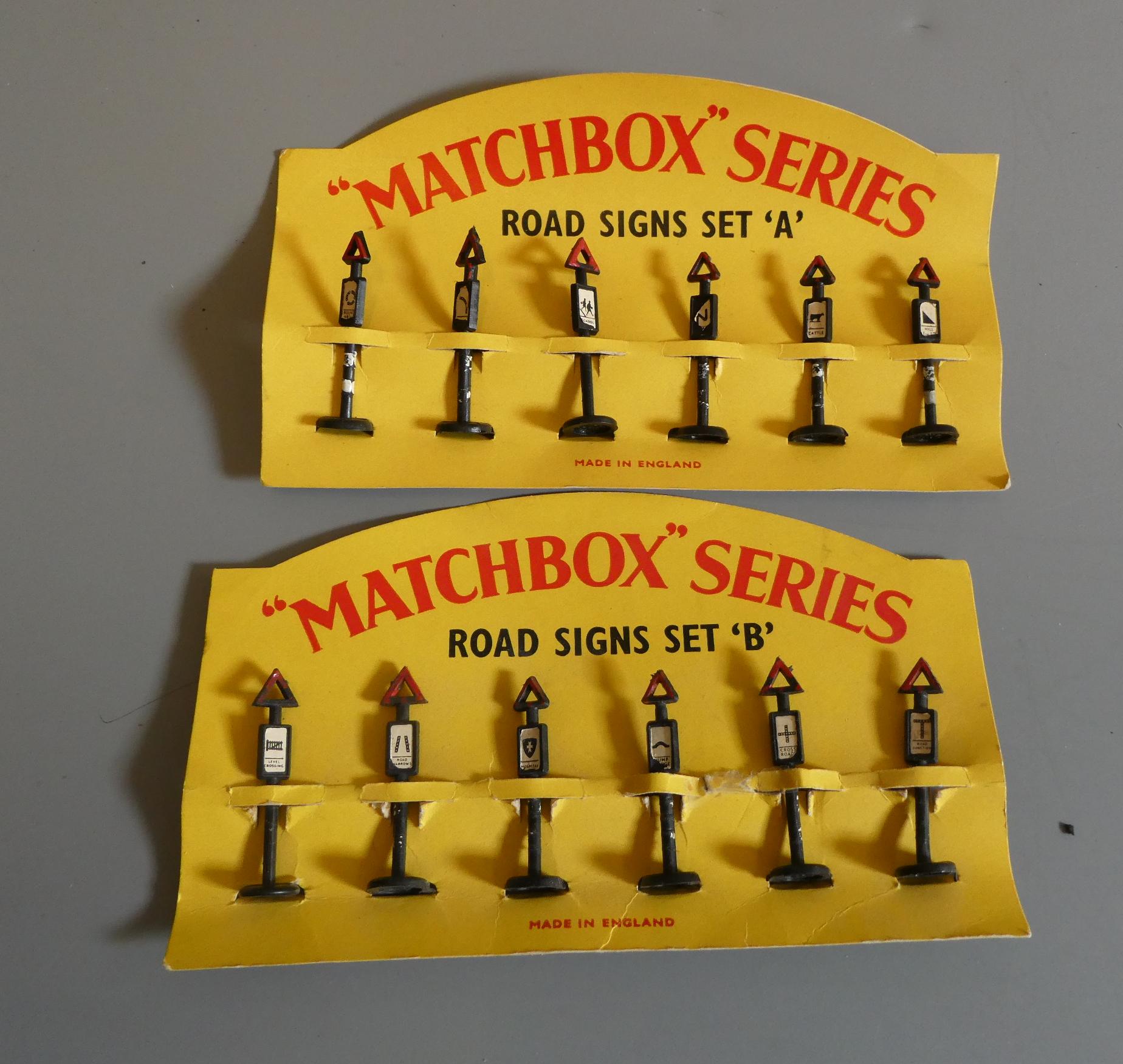 A rare set of pirated matchbox road signs set a and b on carded yellow ...