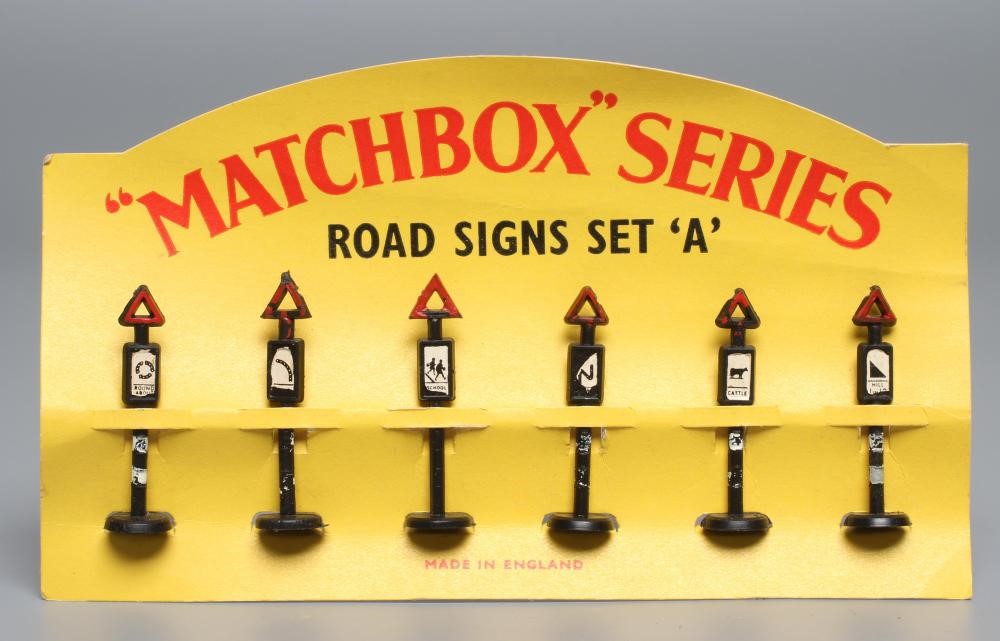 A rare set of pirated matchbox road signs set a and b on carded yellow ...