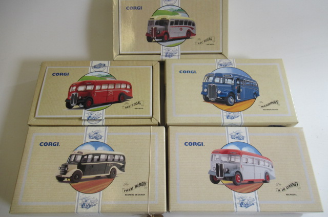 Five corgi classic bus models comprising four a.e.c. regal and bedford ...