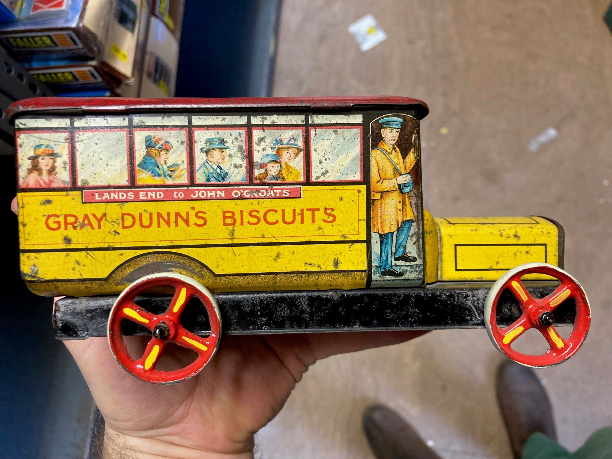 Tinplate biscuit tin tram and gray dunn s biscuits bus, some rusting ...