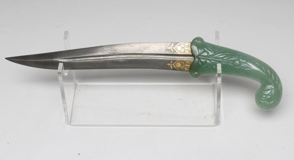 A mughal type dagger, the 10 1/8" serpentine blade inlaid with gold ...