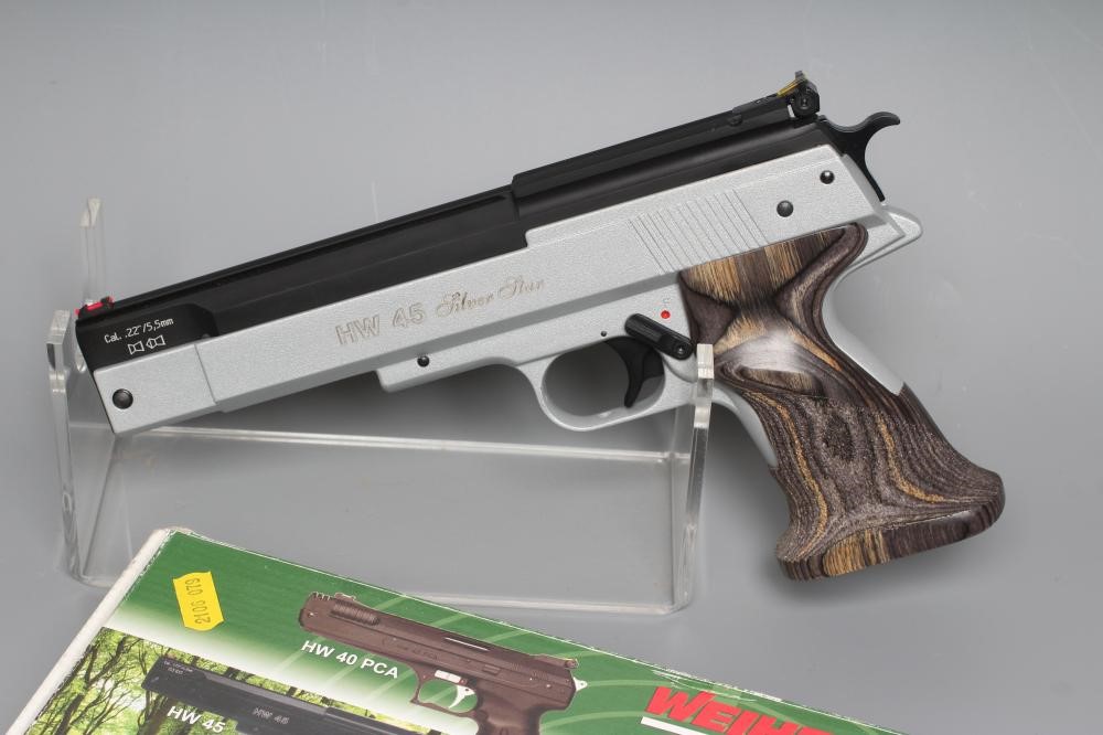 A weihrauch hw45 silver star .22 air pistol with fibre optic front ...