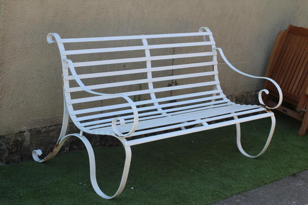 A painted metal regency style strapwork bench, 20th century, with ...