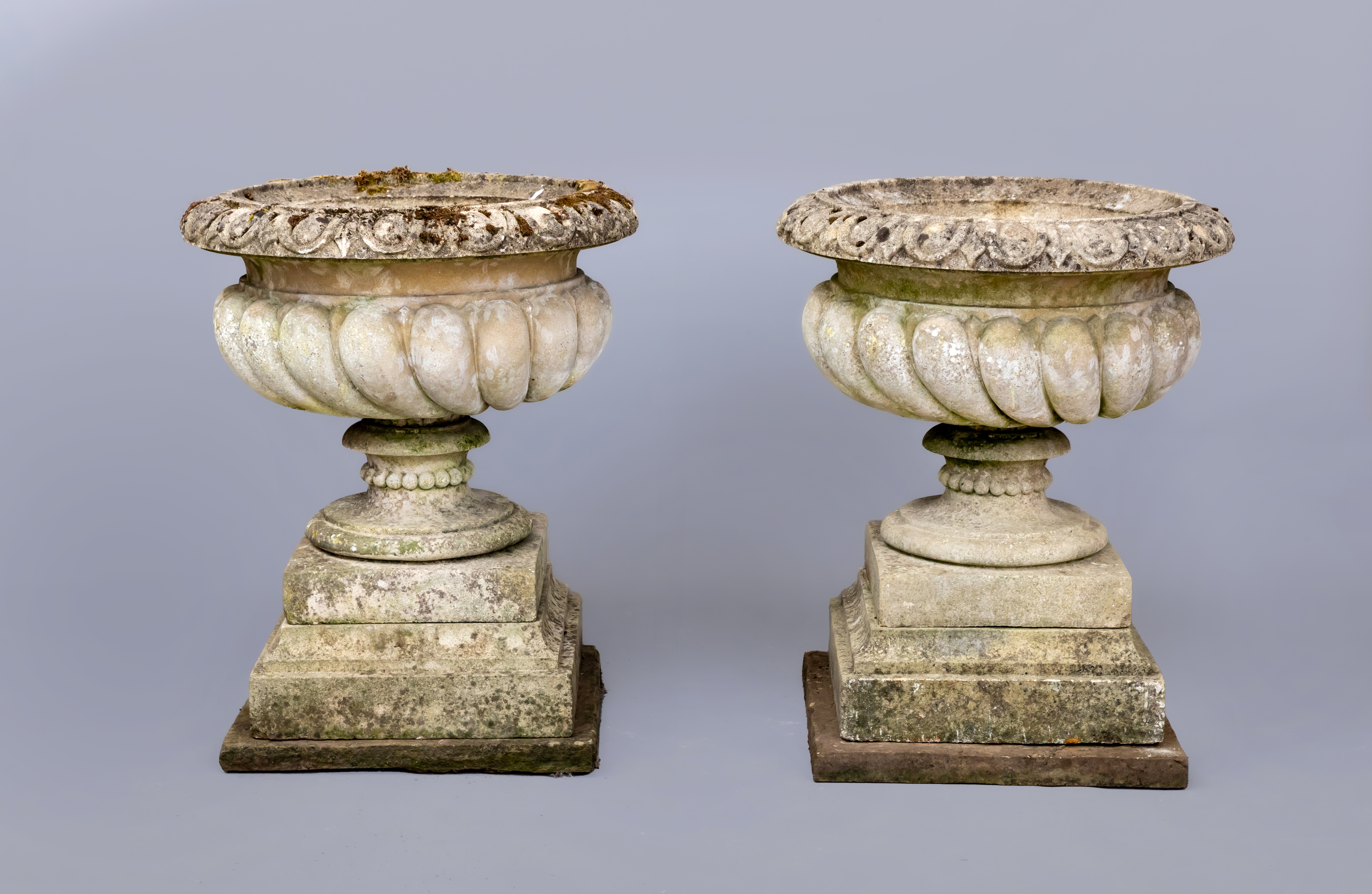 A pair of cast stone urns, the everted ovolu rim over a boldly ...