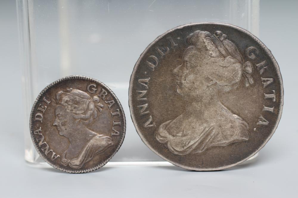 Two queen anne silver coins, comprising 1706 crown with crowned ...
