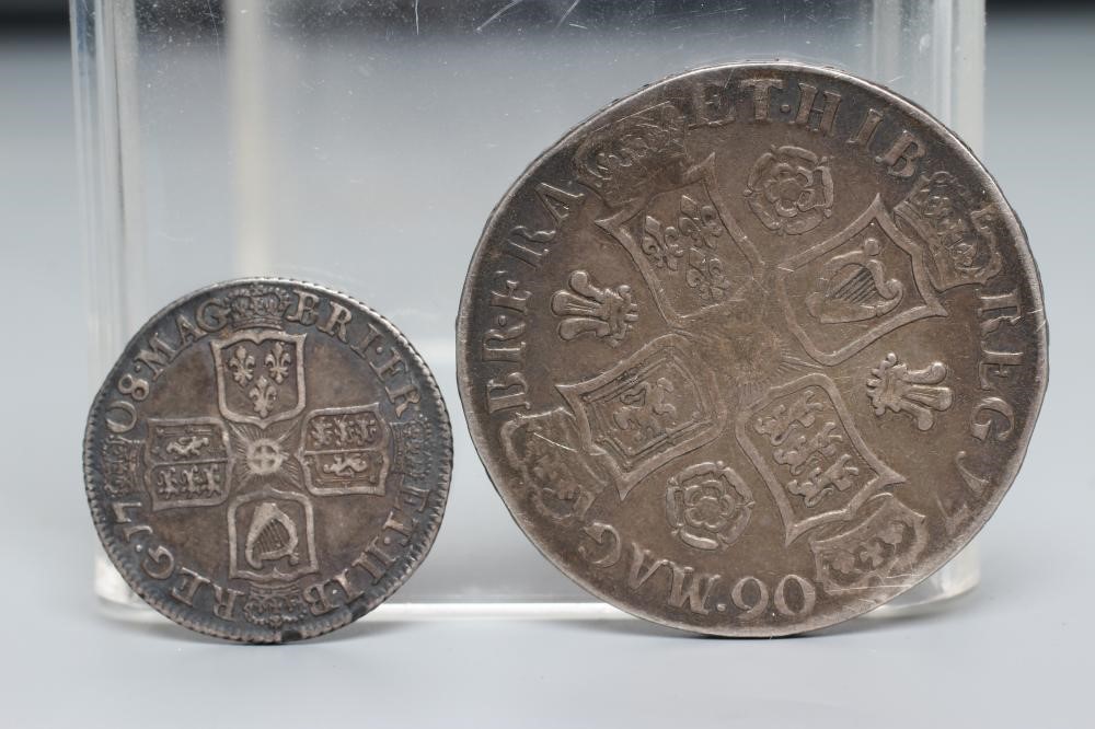 Two queen anne silver coins, comprising 1706 crown with crowned ...