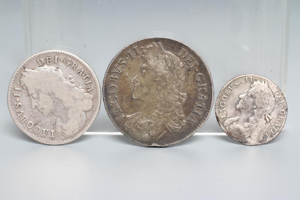 Three james ii silver coins, comprising a 1688 crown with crown ...