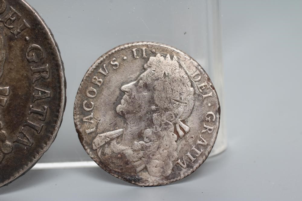 Three james ii silver coins, comprising a 1688 crown with crown ...