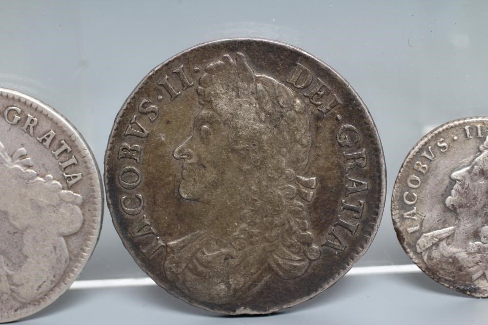 Three james ii silver coins, comprising a 1688 crown with crown ...