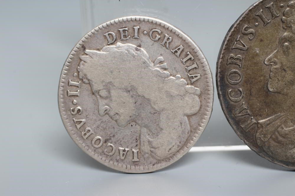 Three james ii silver coins, comprising a 1688 crown with crown ...