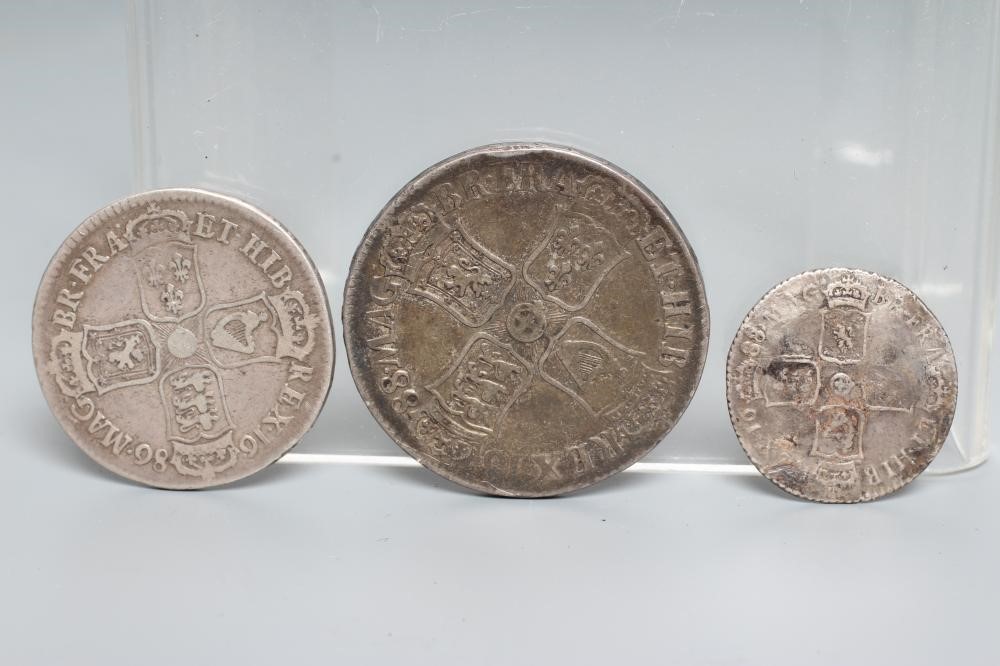 Three james ii silver coins, comprising a 1688 crown with crown ...