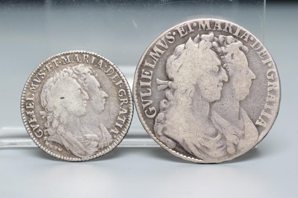 Two william & mary silver coins, comprising a 1689 half crown with ...