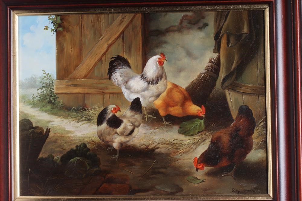 Ray jacob (1928-2010) chickens and ducks, a pair, oil on panel, signed ...