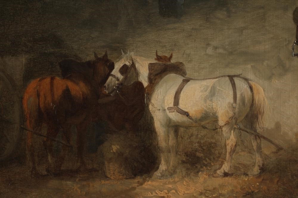Julius caesar ibbetson (1759-1817) "horses in a barn", oil on panel ...