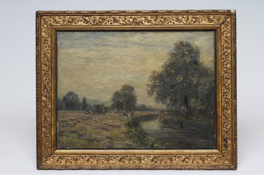 Herbert f royle (1870-1958) haymaking near the river wharfe, oil on ...