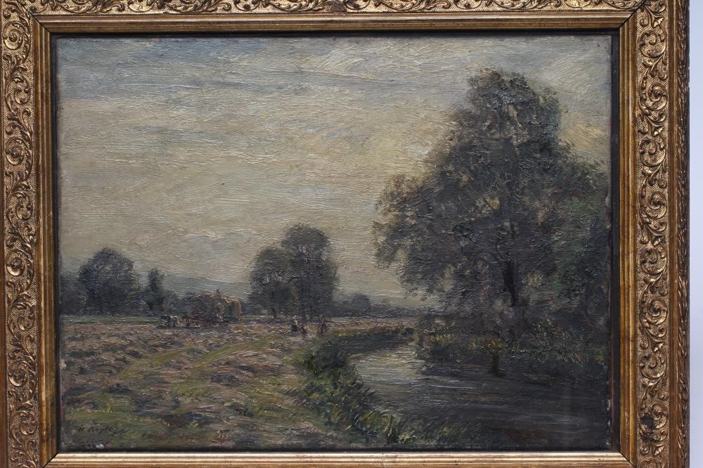 Herbert f royle (1870-1958) haymaking near the river wharfe, oil on ...