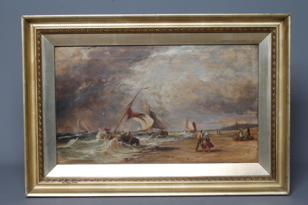 Edwin cole (1868-1935) coastal view with fishing boats on a choppy sea ...