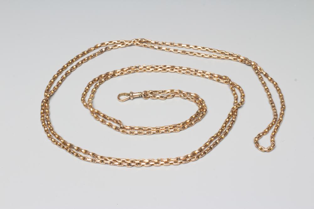 A guard chain with faceted belcher links and dog-clip fastener ...