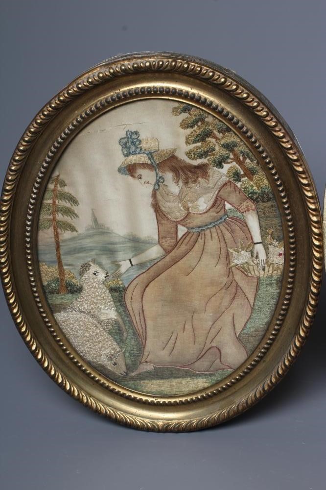 A regency silk embroidery worked with a young lady carrying | Hartleys ...