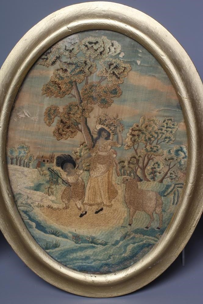 A regency silk embroidery worked with a young lady carrying | Hartleys ...