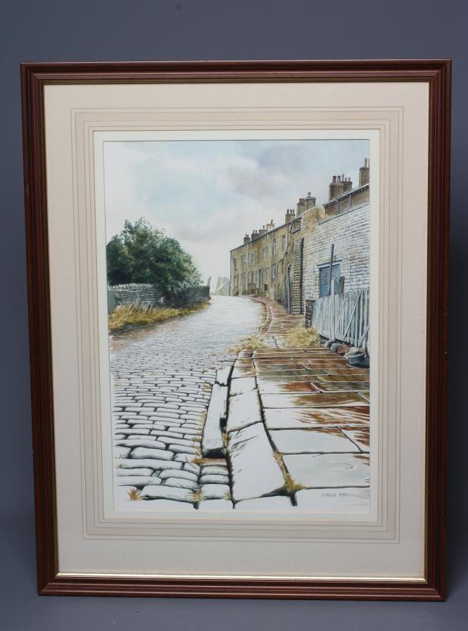 Stuart hirst (b.1950) terraced houses on a cobbled street, signed lower ...