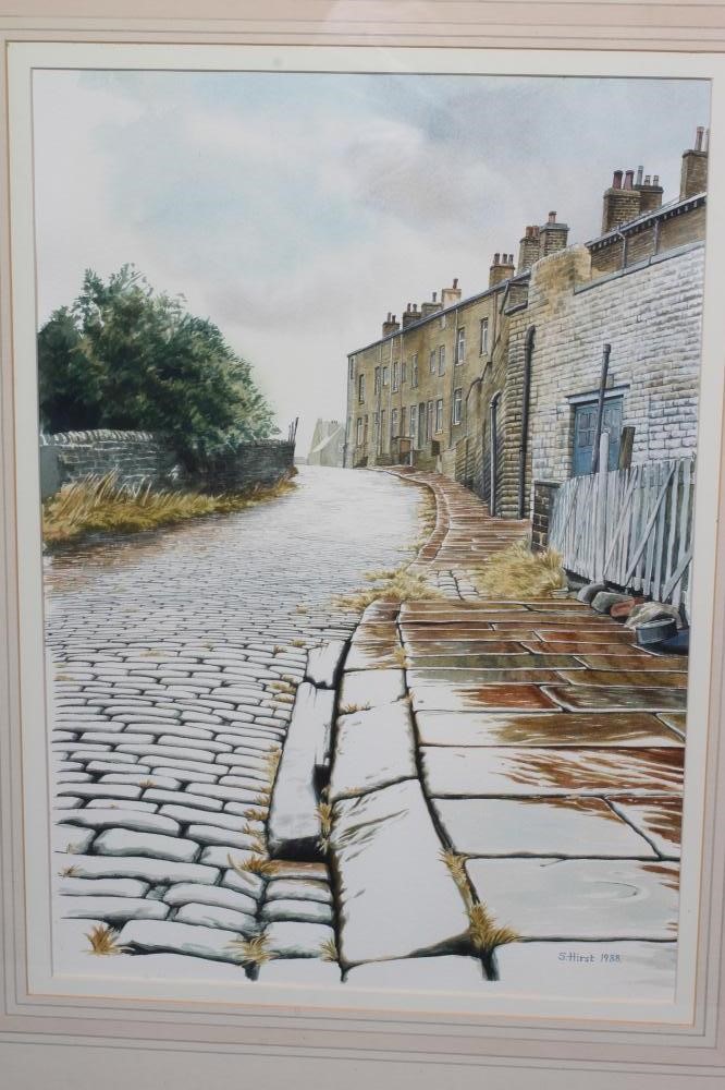 Stuart hirst (b.1950) terraced houses on a cobbled street, signed lower ...