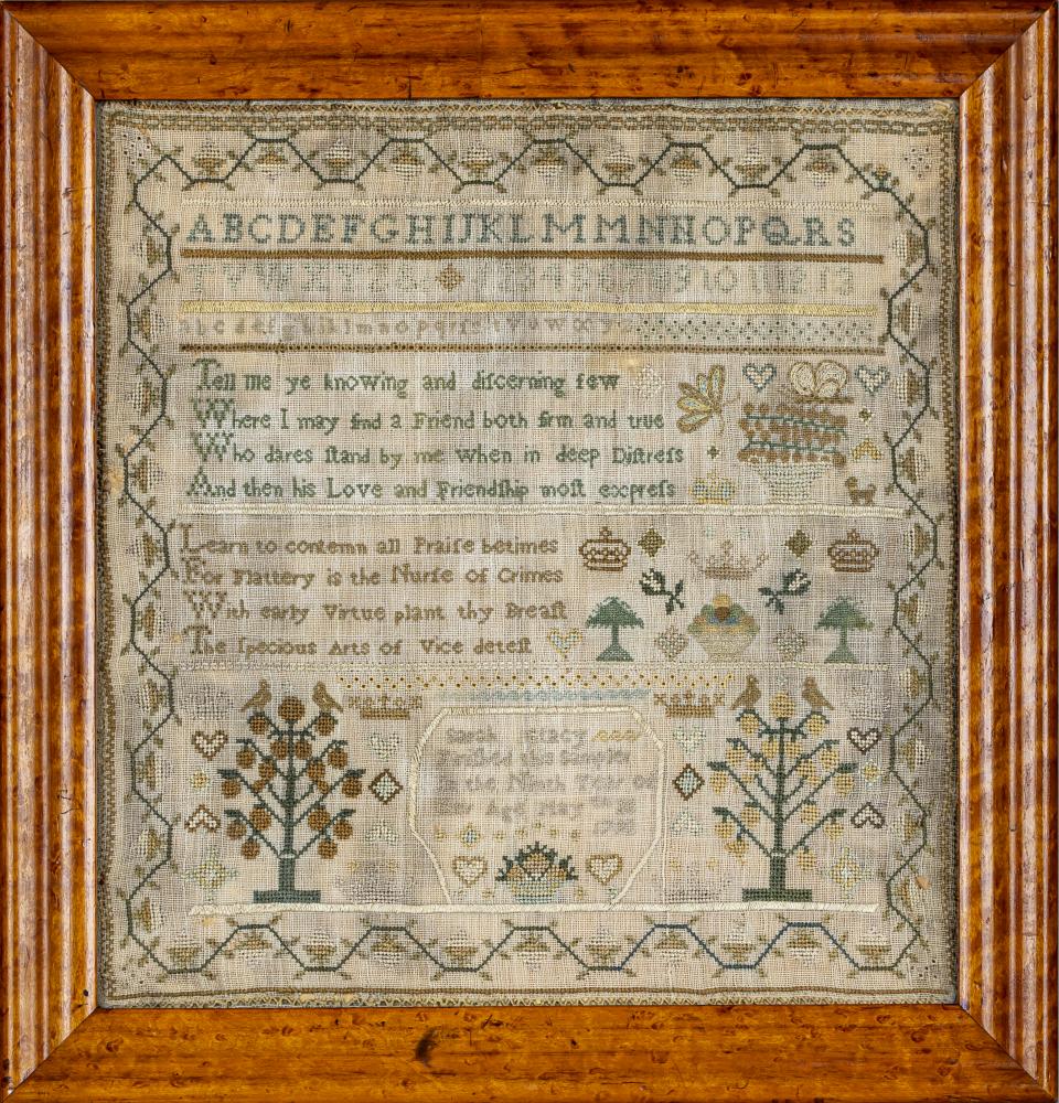 A george iii sampler worked by sarah stacy in coloured wool on a coarse ...