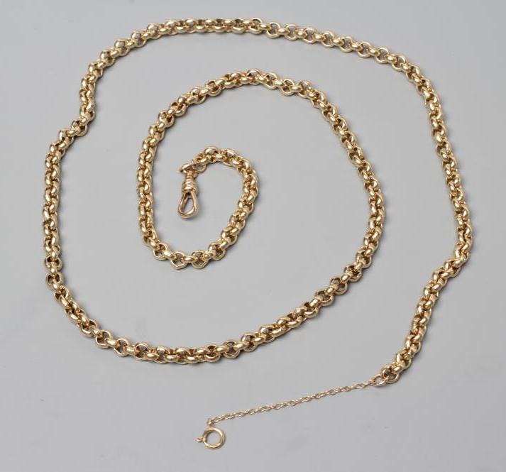 A belcher link chain with dog clip fastener and safety chain, clip and ...