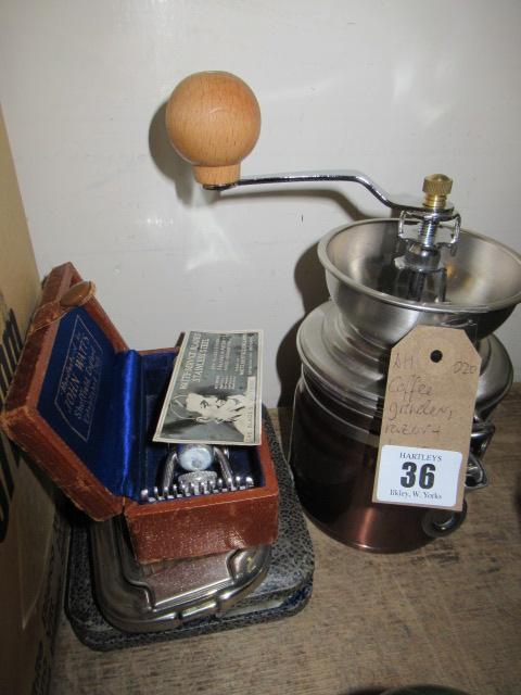 Coffee grinder razor and teaspoons | Hartleys Auctioneers & Valuers