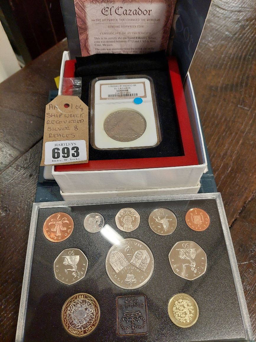 Ship wreck recordered silver eight reales coin and 1997 proof set ...