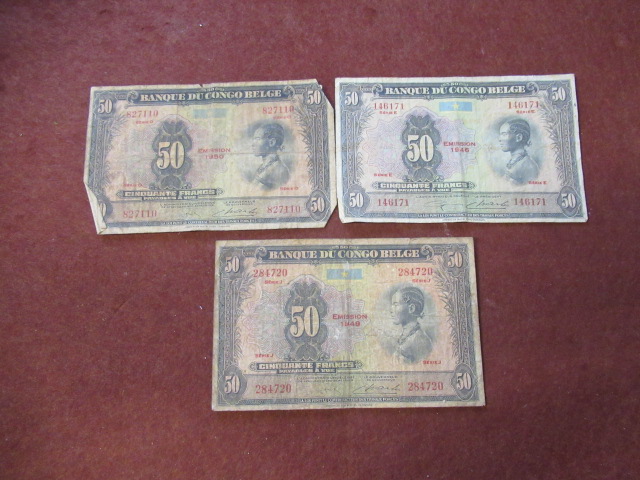 Three original bank of congo belgian 50 franc bank notes 1946 49 and 50 ...