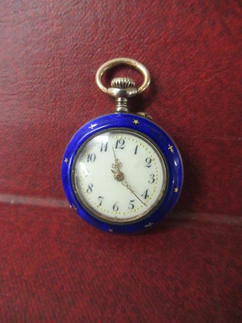 Ladys top wind silver fob watch in blue guilloche enamel case ...