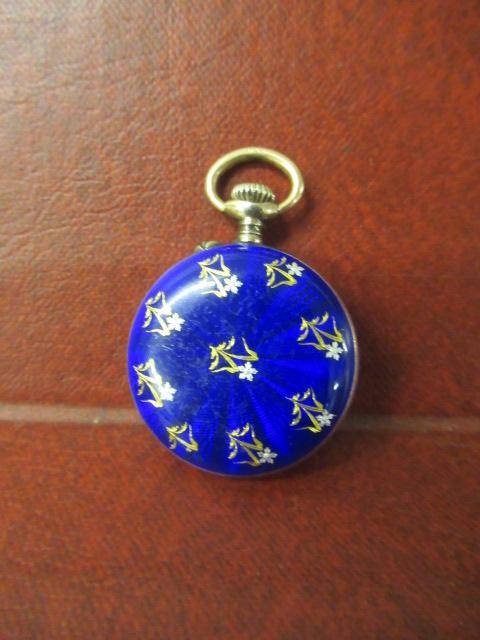 Ladys top wind silver fob watch in blue guilloche enamel case ...