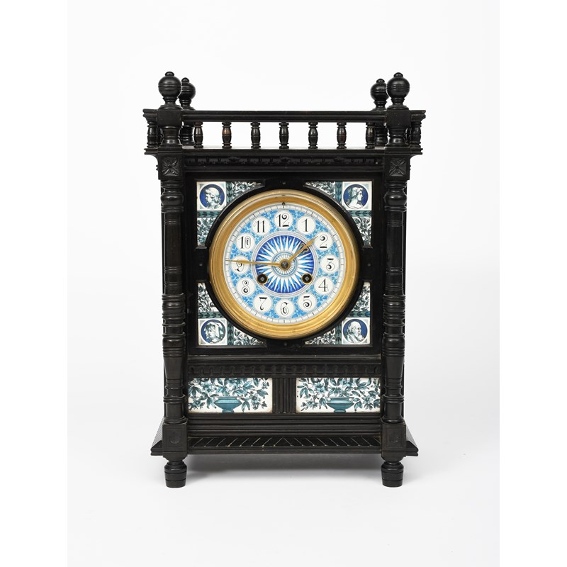 An aesthetic movement ebonised wood mantel clock in the manner of lewis ...