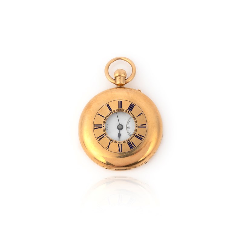 An 18ct gold half hunting cased pocket watch, white enamel dial with ...