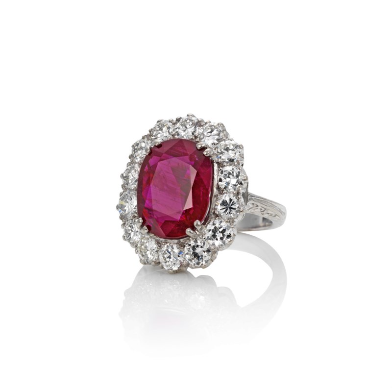 a burmese ruby and diamond cluster ring | Woolley and Wallis