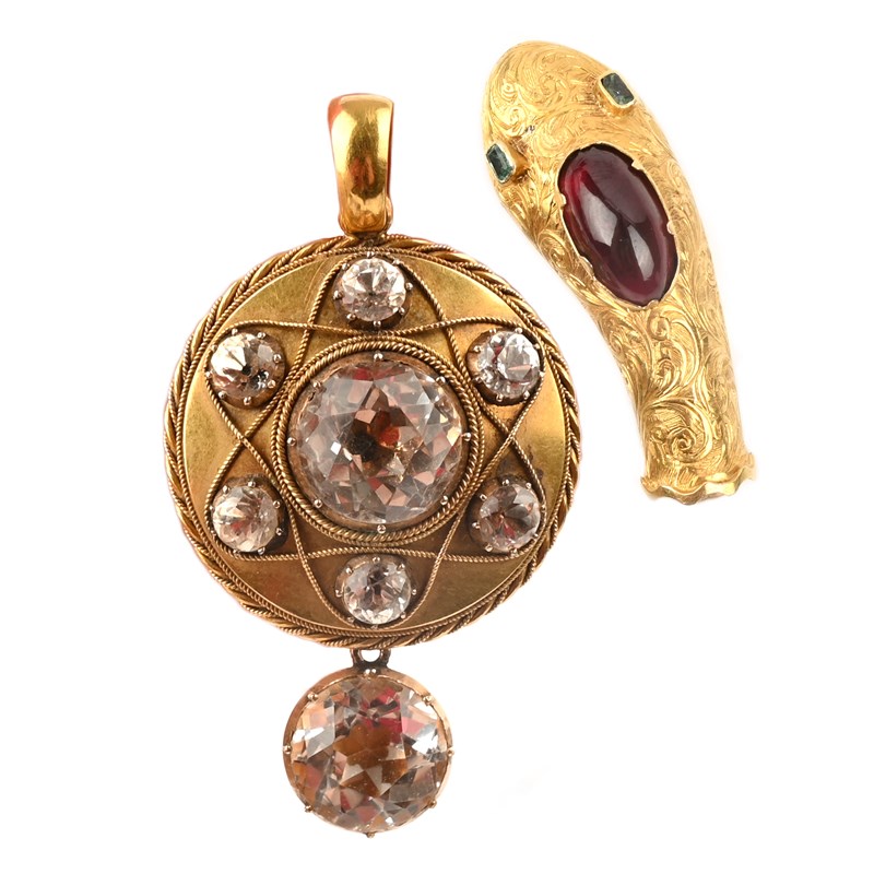 A victorian rock crystal-set gold pendant and a gem-set gold brooch ...