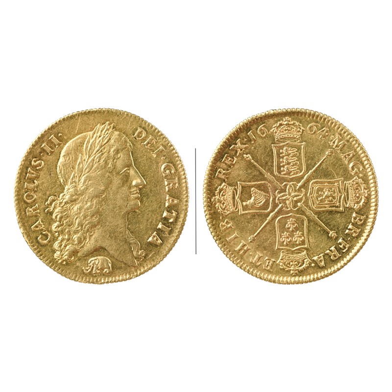 Charles ii, gold two guineas, 1664, first bust with elephant below (s ...