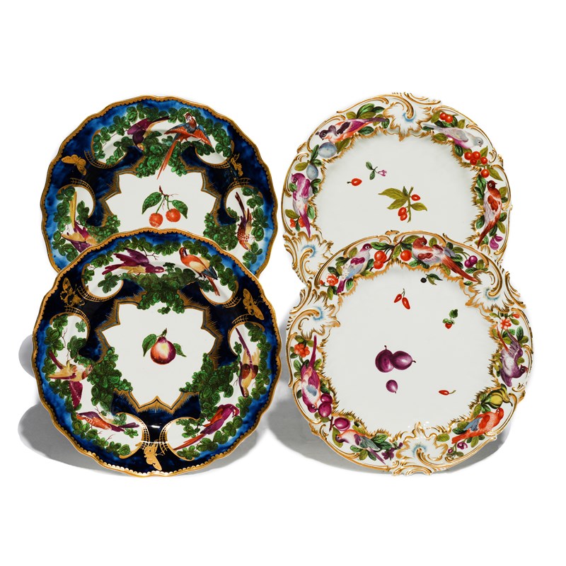 Two pairs of chelsea dessert plates, c.1760, one pair painted with ...