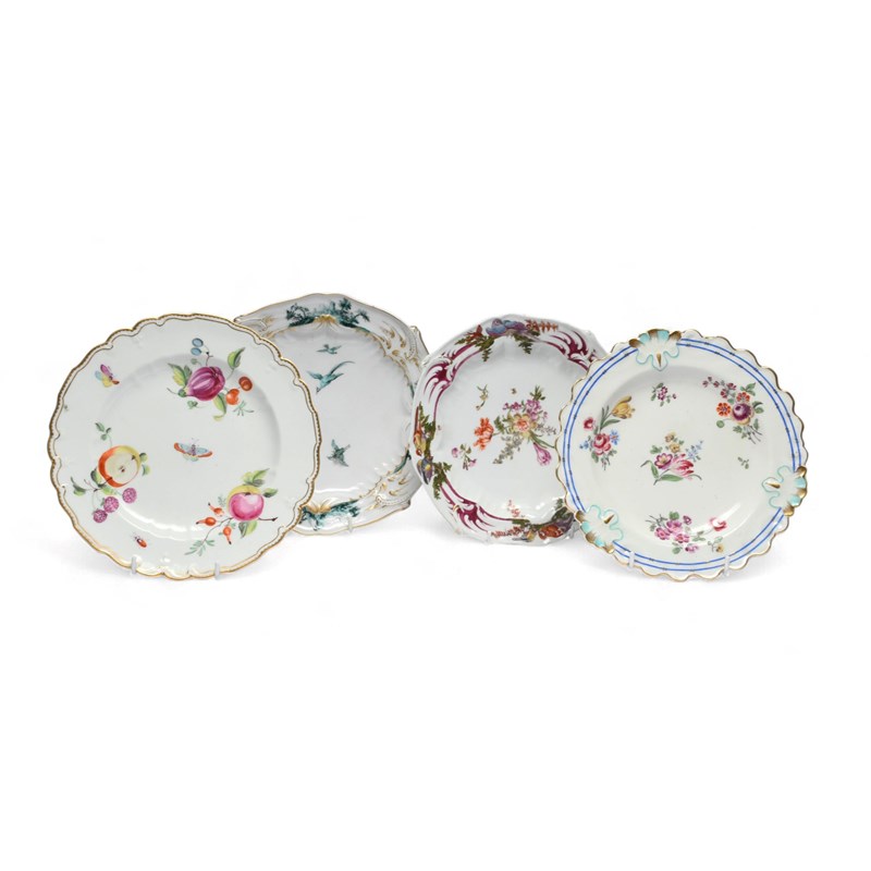 Four chelsea dessert plates, c.1760, one painted in the giles atelier ...