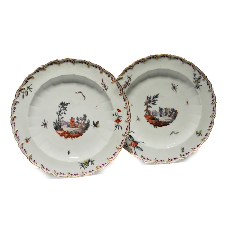 A good pair of chelsea plates, c.1765, finely painted with italianate ...
