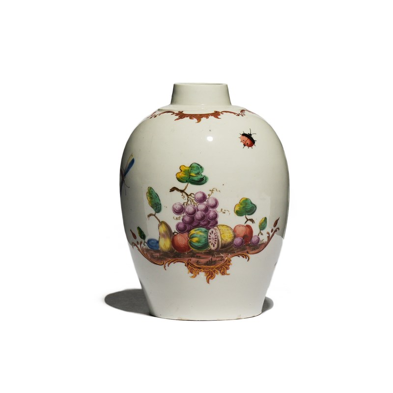 A nymphenburg tea canister, c.1770, of ovoid form, painted with an ...