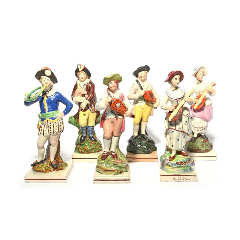 Six staffordshire figures of musicians, c.1800-20, two of hurdy-gurdy ...