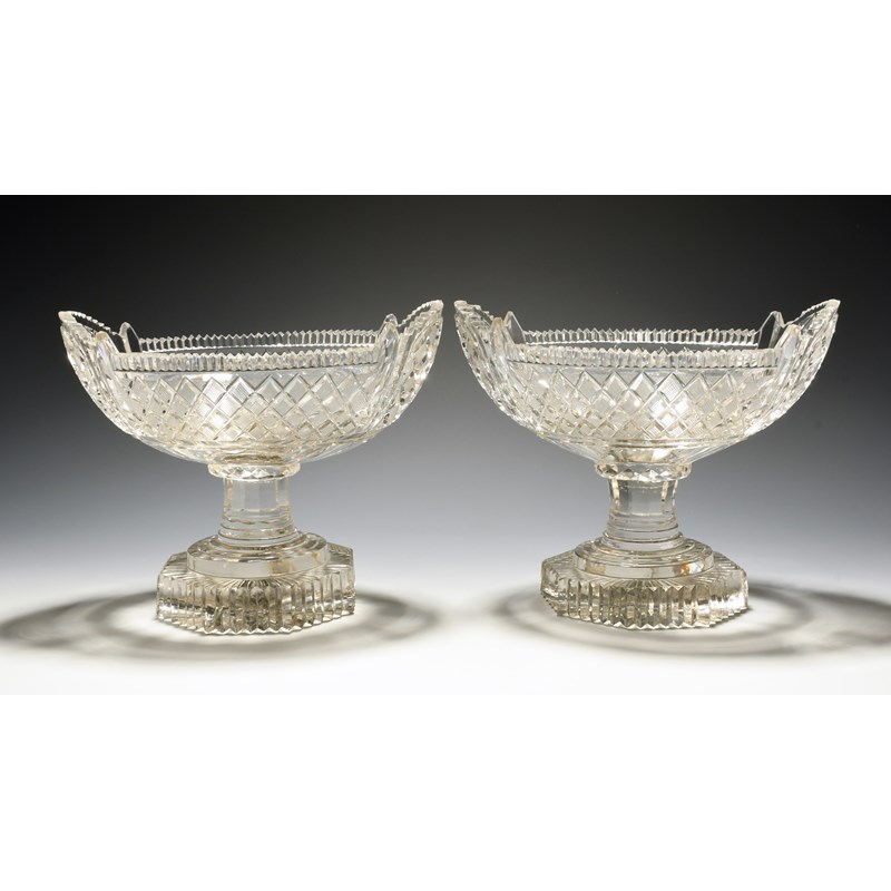 A pair of irish cut glass centrepieces, 19th century, of navette shape ...