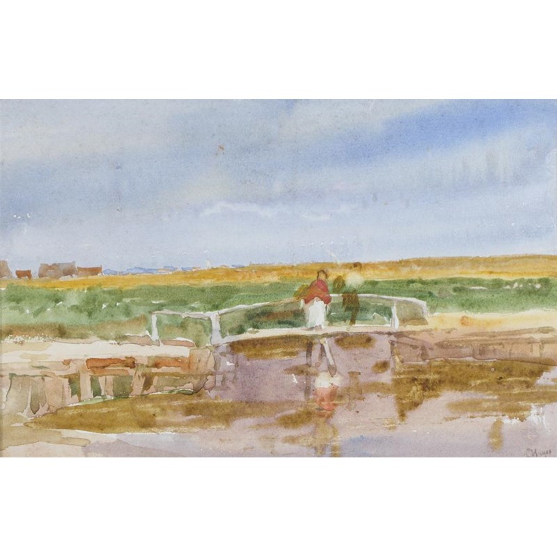 Claude hayes (1851-1922) figures crossing a bridge signed watercolour ...
