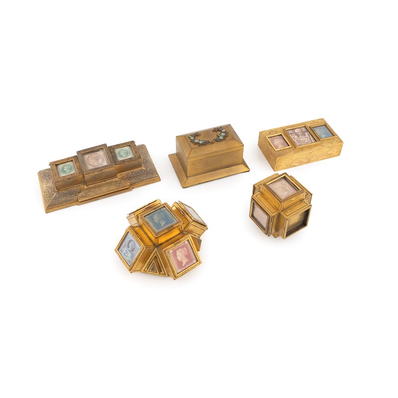 A collection of gilt metalware stamp boxes, unmarked, one rectangular ...